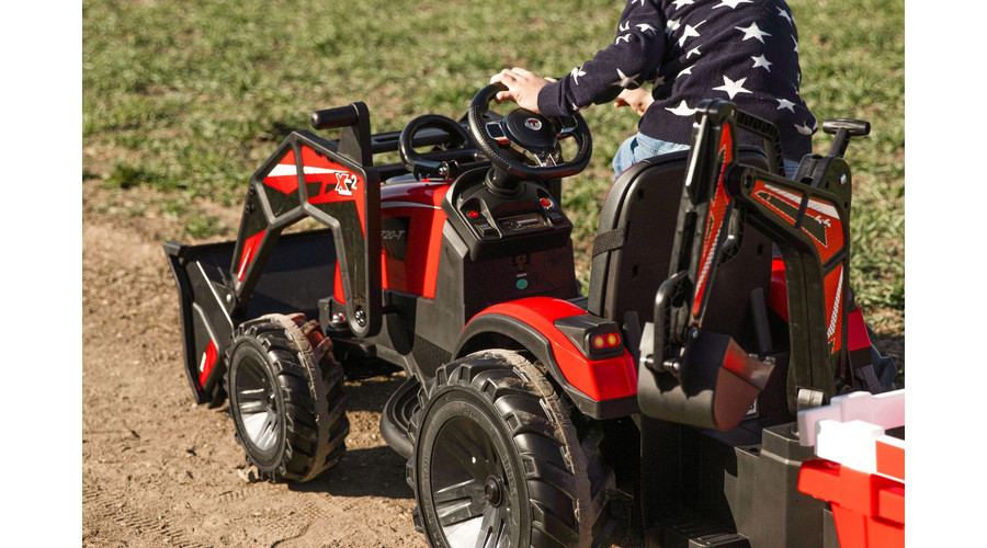 Bulldozer elektromos gyermek traktor dupla markoló kanállal és utánfutóval