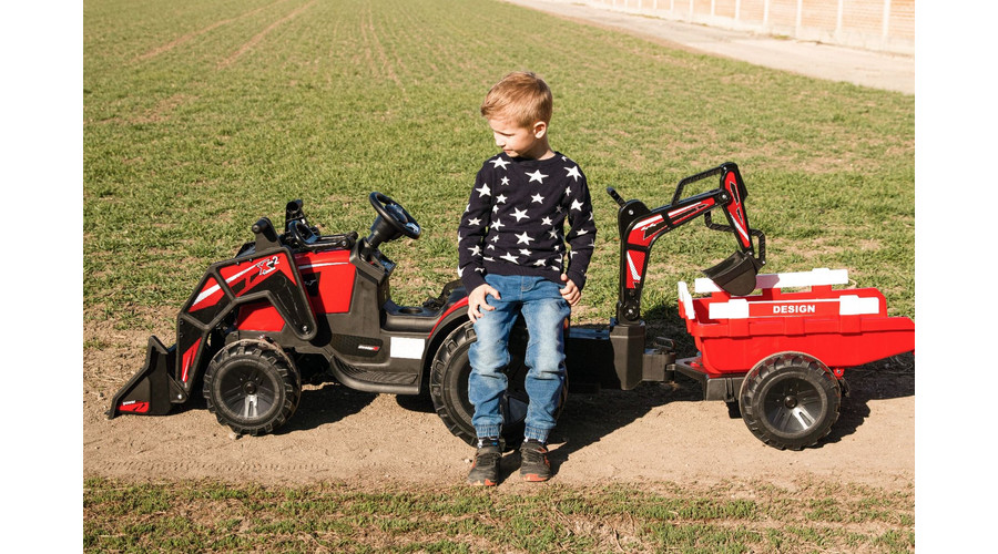 Bulldozer elektromos gyermek traktor dupla markoló kanállal és utánfutóval