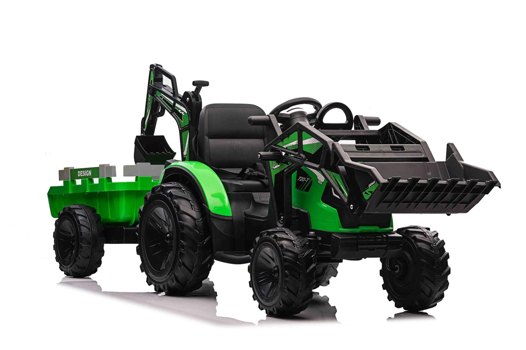 Bulldozer elektromos gyermek traktor dupla markoló kanállal és utánfutóval