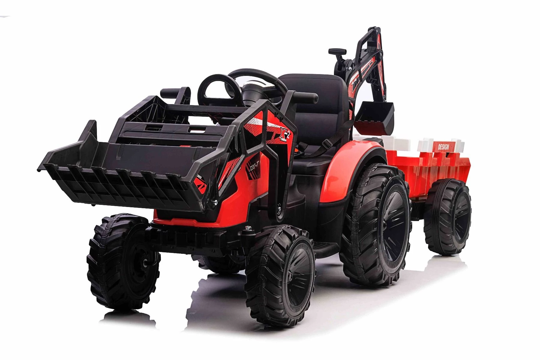 Bulldozer elektromos gyermek traktor dupla markoló kanállal és utánfutóval